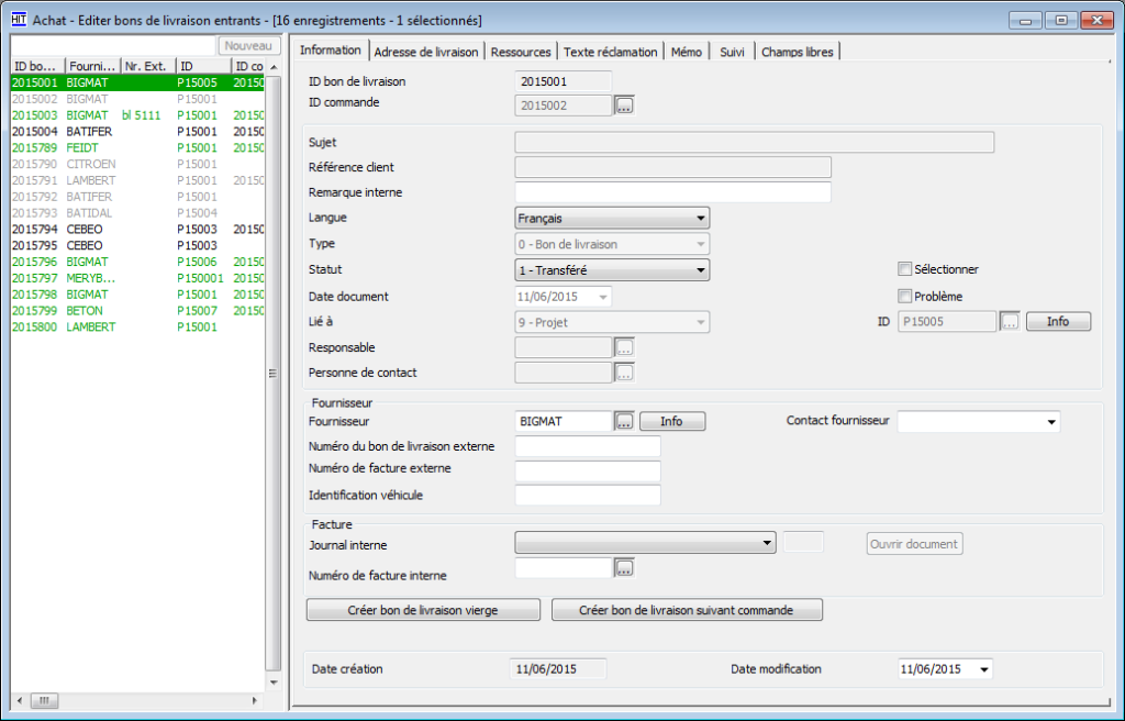 Encoder le bon de livraisons dans le stock suivant une commande