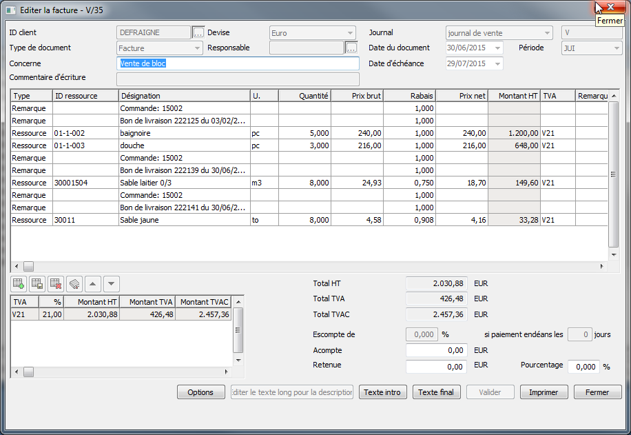 Facturation du module Négoce