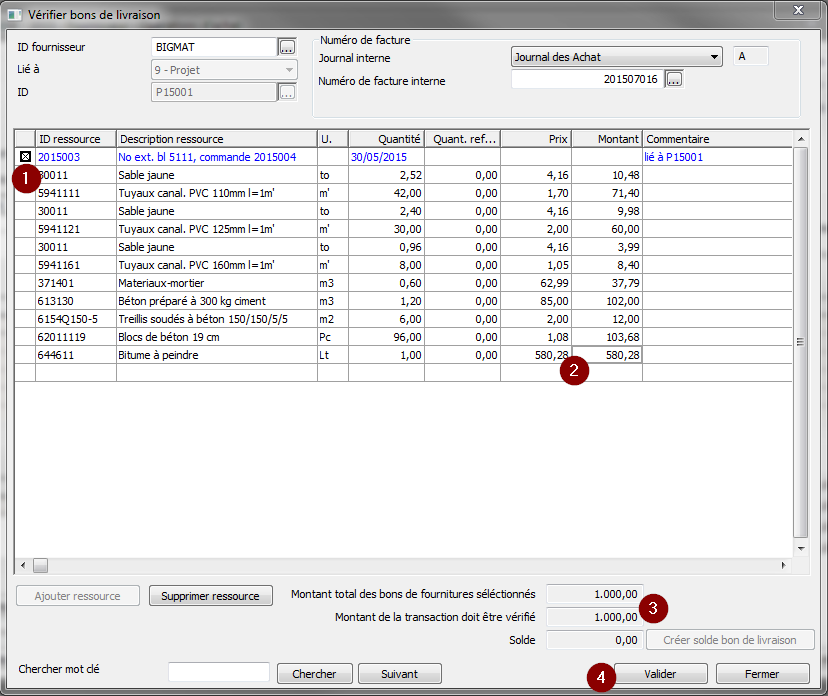 Encodage vers un projet avec vérification de bons de livraison